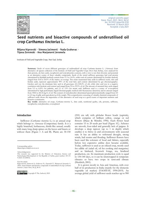 Pdf Seed Nutrients And Bioactive Compounds Of Underutilised Oil Crop Carthamus Tinctorius L