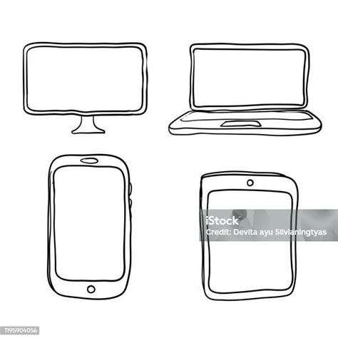 장치 아이콘 손으로 그린 낙서 스타일의 컴퓨터 노트북 태블릿 및 스마트 폰 세트 낙서 드로잉에 대한 스톡 벡터 아트 및 기타 이미지 낙서 드로잉 드로잉 노트북