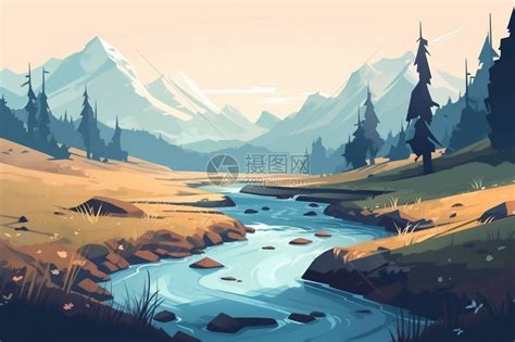 森林中安静的小溪插画图片下载 正版图片600365157 摄图网