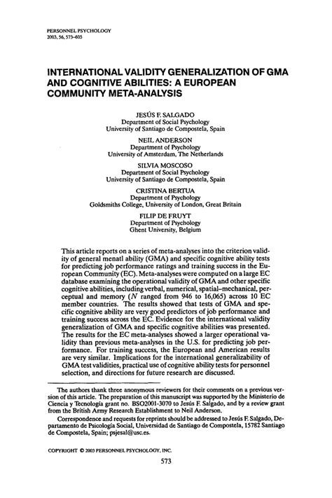 Pdf International Validity Generalization Of Gma And Cognitive Abilities