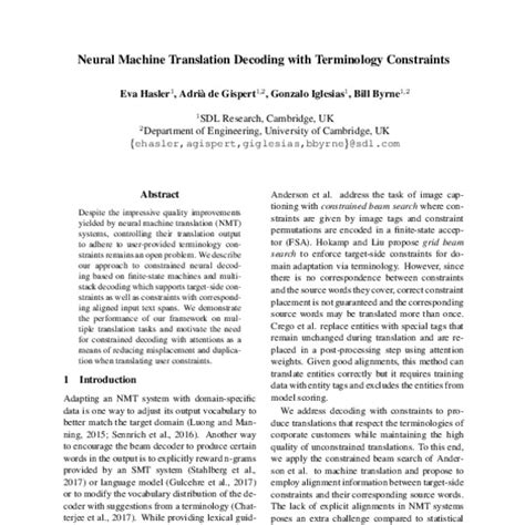 Neural Machine Translation Decoding With Terminology Constraints Acl Anthology