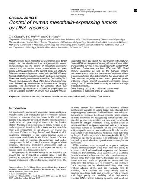 Pdf Control Of Human Mesothelin Expressing Tumors By Dna Vaccines