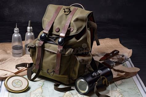 Travel Backpack With Map Compass And Binoculars Visible Stock Illustration Illustration Of