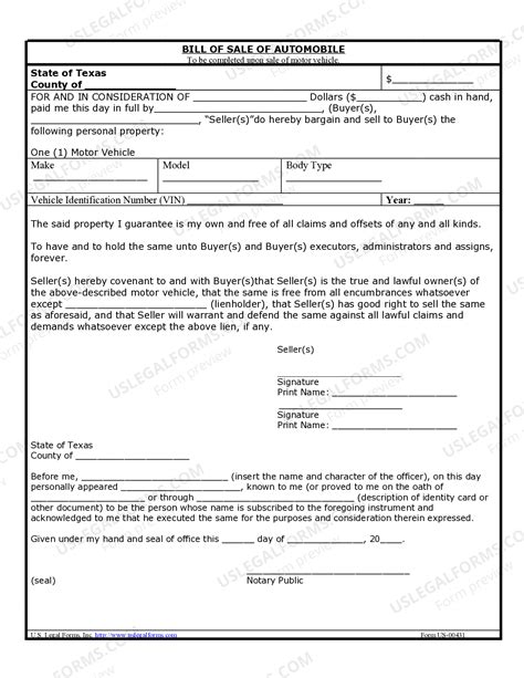 Texas Bill Of Sale Of Automobile And Odometer Statement Texas
