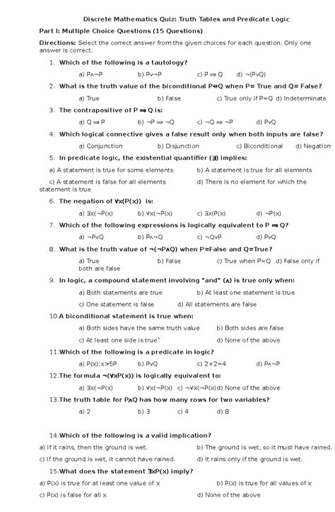 Discrete Mathematics Quiz Only One Answer Is Correct Which Of The