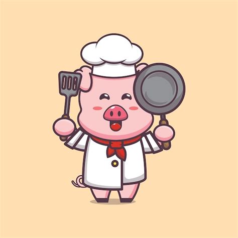 귀여운 돼지 요리사 캐릭터 일러스트 프리미엄 벡터