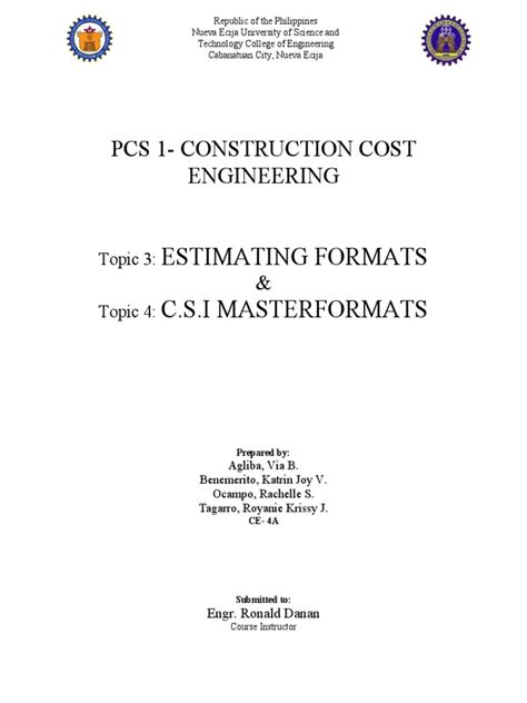 Estimating Formats Csi Masterformat Pdf Specification Technical Standard Economic Sectors