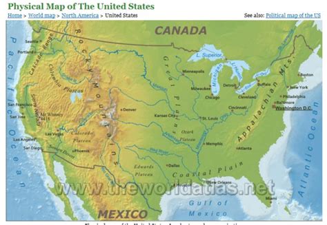 United States Map Physical Features And Travel Information For United