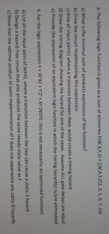 Solved 3 The Following Logic Function Is Given As A Sum Of