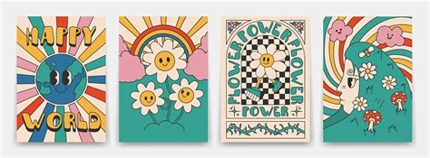 밝은 그루비 포스터 컬렉션 70 년대 무지개와 행성 지구와 햇빛 빈티지 프린트 고립 된 환각적인 풍경이있는 복고풍 포스터 복고풍에 대한 스톡 벡터 아트 및 기타 이미지