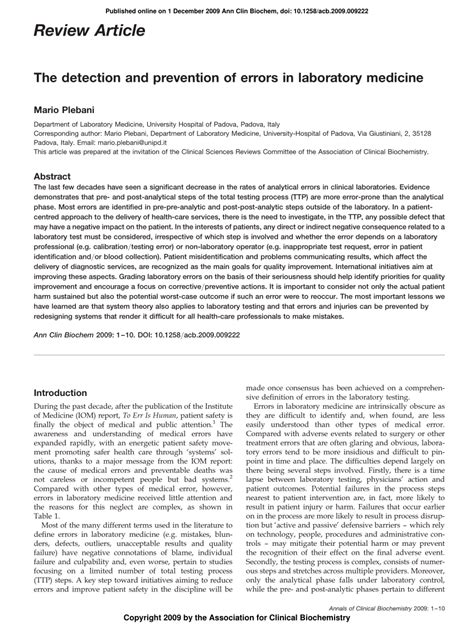 Pdf The Detection And Prevention Of Errors In Laboratory Medicine