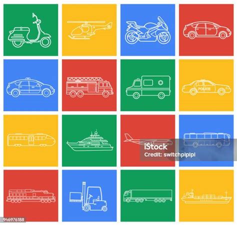 교통 아이콘 설정합니다 도시 자동차와 차량 수송입니다 자동차 선박 비행기 기차 오토바이 헬기 개요 아이콘입니다 벡터 경찰관에 대한 스톡 벡터 아트 및 기타 이미지 Istock