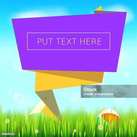 광고 배너 텍스트에 대 한 장소를 가진 여름 배경 종이 예술 스타일을 잘라 종이 접기 종이 연설 거품이 있다 그린 필드 육즙 잔디 데이지 꽃 구름과 푸른 하늘에서 배경에