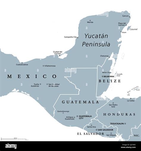 Yucatan Peninsula Gray Political Map Peninsula In Southeastern Mexico
