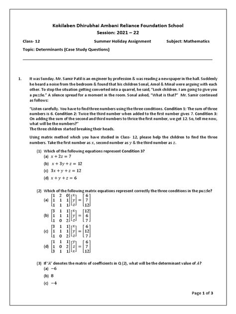 A Matrix Approach To Solving A Puzzle Involving Three Unknown Numbers Pdf Matrix