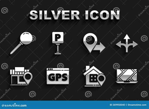 Set Gps Device With Map Road Traffic Sign City Navigation Location House Store Push Pin And