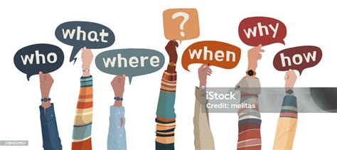 텍스트가 있는 말풍선을 들고 있는 사람들의 손 Who What Where When How와 물음표 기호 질문을 조사하고 해결합니다 문제 해결 브레인스토밍 개념 원조에 대한
