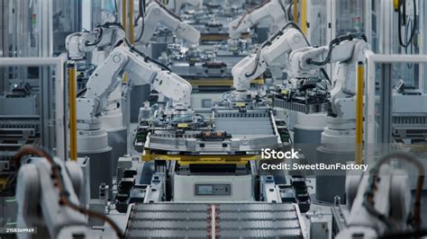 밝은 현대 공장의 자동화 된 생산 라인에서 흰색 로봇 팔이 줄지어 있습니다 자동차 스마트 팩토리 내부의 전기 자동차 제조 산업용 로봇 팔 리튬 이온 Ev 배터리 팩 조립