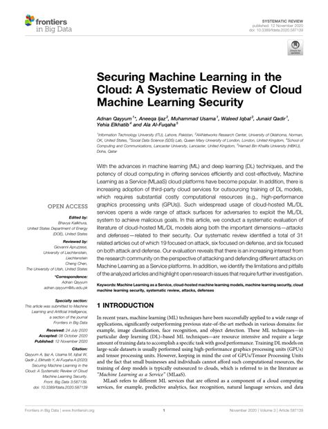 Pdf Securing Machine Learning In The Cloud A Systematic Review Of