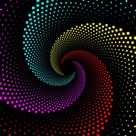 Red Pink Cyan And Yellow Dotted Spiral Vortex Pattern Swirl Pattern Dots Vector Background