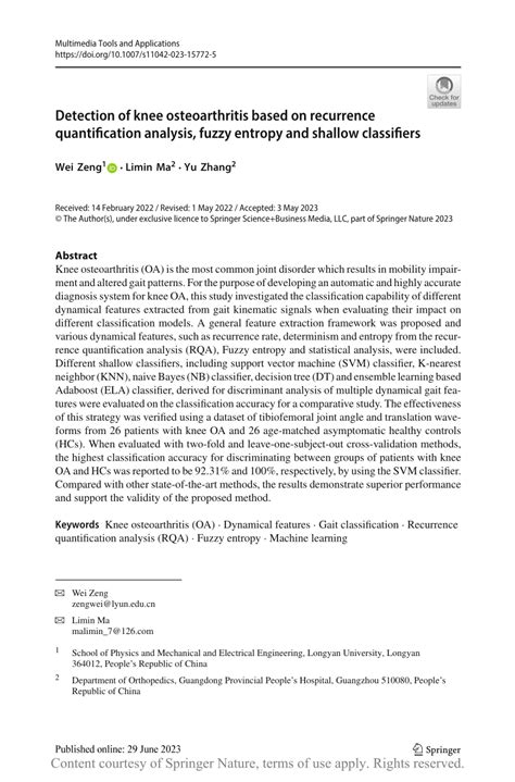 Detection Of Knee Osteoarthritis Based On Recurrence Quantification Analysis Fuzzy Entropy And