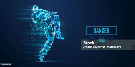 젊은 힙합 댄서의 추상적인 와이어프레임 실루엣은 삼각형과 파란색 배경에 있는 입자를 깨고 춤추는 남자를 고립시킨다 벡터 그림 건강한 생활방식에 대한 스톡 벡터 아트 및 기타