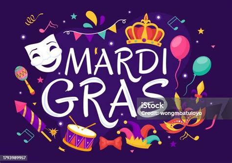 마디 그라 카니발 벡터 일러스트 레이 션 번역은 뚱뚱한 화요일에 대한 프랑스어입니다 보라색 배경에 마스크 마라카스 기타 깃털 축제 Mardi Gras에 대한 스톡 벡터 아트