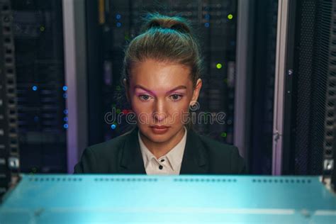 System Administrator Working In Network Server Room Stock Image Image Of Attractive Work