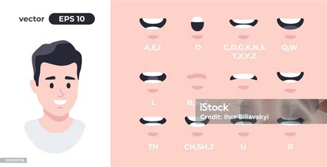인간의 입 세트 애니메이션 및 사운드 발음에 대한 남자 립싱크 컬렉션입니다 캐릭터 면 요소입니다 감정 웃고 비명을 지른다 간단한 만화 디자인입니다 플랫 스타일 벡터