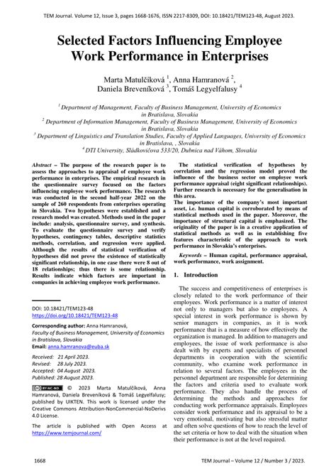 Pdf Selected Factors Influencing Employee Work Performance In Enterprises