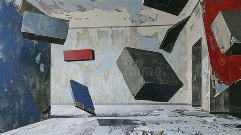 An Abstract Space With Floating Geometric Shapes In A Textured Environment Stock Illustration