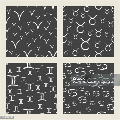 검은 배경에 흰색 조디악 기호와 원활한 패턴의 벡터 세트입니다 개체 그룹에 대한 스톡 벡터 아트 및 기타 이미지 개체 그룹 검은색 게자리 Istock