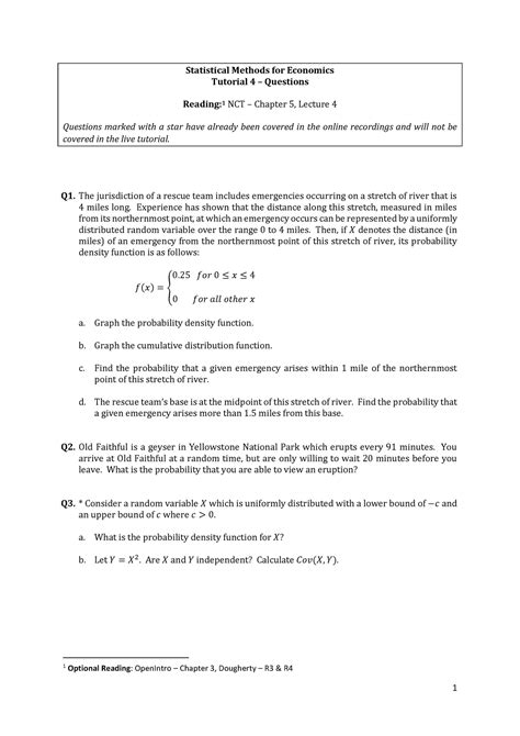 Tutorial Questions Statistical Methods For Economics Tutorial Questions Reading NCT