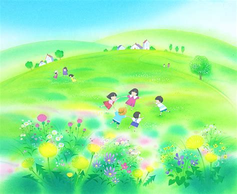 メルヘンイラスト タンポポと野原と子供たち春