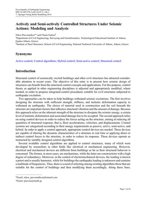 Pdf Actively And Semi Actively Controlled Structures Under Seismic Actions Modeling And Analysis