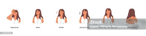 아픈 사람 캐릭터 세트 인플루엔자 및 독감 증상이 있는 여성 발열 두통 감기에 걸린 캐릭터 흰색 배경에 분리된 평면 그림 여자에 대한 스톡 벡터 아트 및 기타 이미지