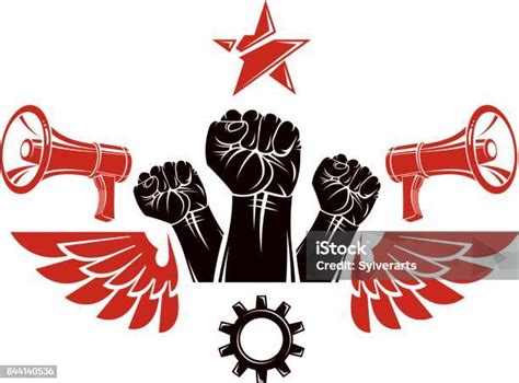 사용 하 여 만든 벡터 전단지 확성기 장비 및 엔지니어링 Cog 휠 요소를 제기 하는 주먹을 꽉 독재와 조작 테마 사악한 힘으로 전체 주의 휘장에 대한 스톡 벡터 아트 및