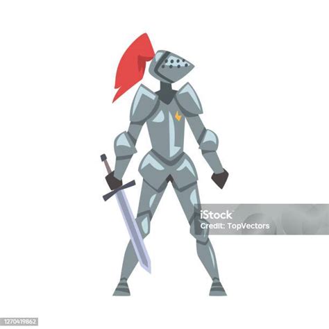 중세 기사 방패와 칼 만화 스타일 벡터 일러스트와 전체 금속 몸 갑옷에 기병 전사 캐릭터 흰색 배경에 고립 강철에 대한 스톡 벡터 아트 및 기타 이미지 Istock
