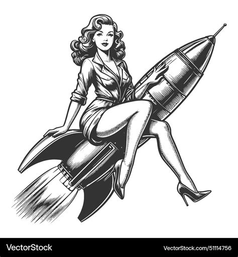 Pin Up Girl Riding Rocket Engraving Royalty Free Vector