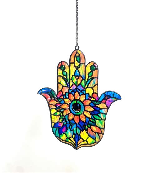 Rainbow Hamsa Hand Faux Stained Glass Resin Suncatcher Protection