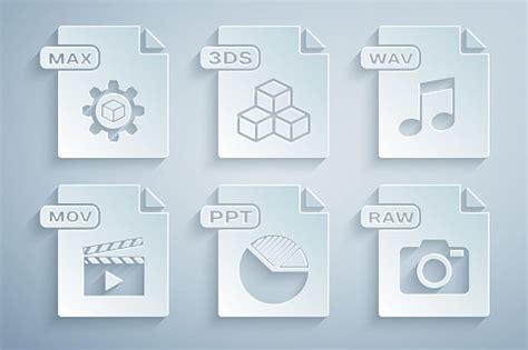 Ppt 파일 문서 Wav Mov Raw 3ds 및 Max 아이콘을 설정합니다 벡터 3차원 형태에 대한 스톡 벡터 아트 및 기타 이미지 3차원 형태 가득 찬 누름 버튼