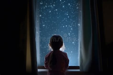 маленькая девочка смотрящая в окно в звездный ночной небесный генеративный помощник Иллюстрация
