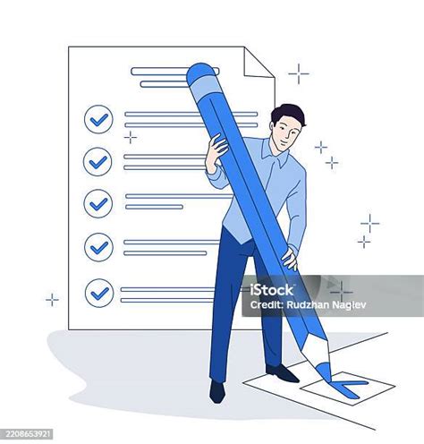 남자는 거대한 연필로 목록을 확인합니다 벡터 일러스트 레이 션 개념에 대한 스톡 벡터 아트 및 기타 이미지 개념 검사 보기 경영자 Istock