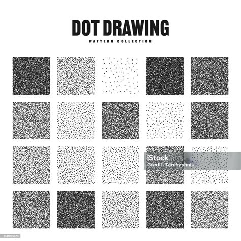 정사각형 모양의 점선 객체 Stipple 요소 찌르기 점웍 그리기 점을 사용한 음영 픽셀 분해 하프톤 효과 백색 소음 거친 질감 패턴 벡터 일러스트 레이 션 가리키기에 대한