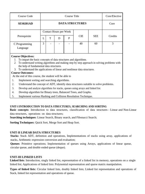 Data Structures Syllabus 2023 2024 Pdf