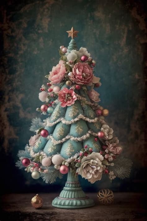 Vintage Christmas Tree In Shabby Chic Style Created Using Generative