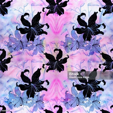 원활한 패턴 백합 꽃 새싹 및 잎 꽃 디지털 아트 여름 정원 꽃 인쇄물 표지판 항목 웹 사이트 지도를 사용하십시오 그래픽