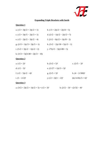 Expanding Triple Brackets With Surds Teaching Resources