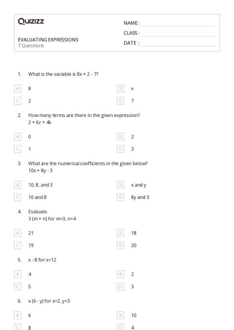 Evaluating Expressions Worksheets On Quizizz Free Printable
