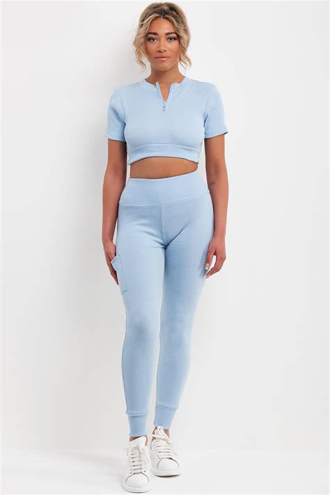 Womens Ribbed Half Zip Tracksuit Co Ord Sky Blue Uk
